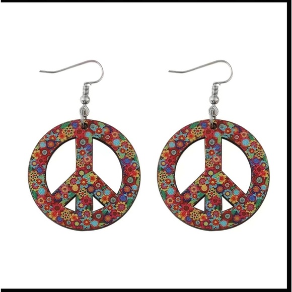 Jewelry | Colorful Wood Floral Print Peace Sign Drop Style Earrings ...